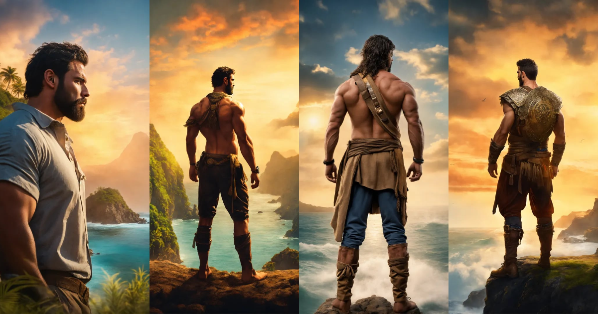 Lexica - Design a compelling image, rugged and strong man from behind ...