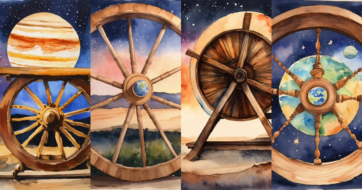 Lexica - Watercolor, a wooden wheel with the planet Jupiter in the ...