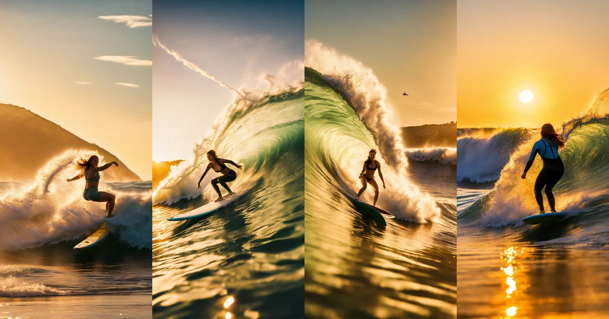 Lexica - Create a photo of a woman surfing a huge wave during the ...