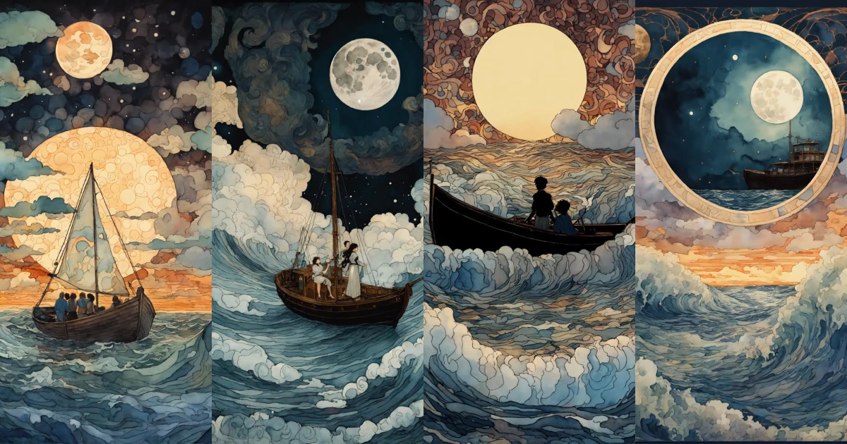 Lexica - Silhouettes of people in waves tessellation. a boat in a dark ...
