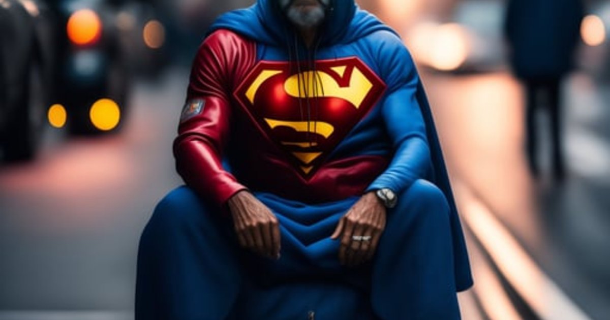 Lexica - Homeless person sitting on the street that looks like superman ...