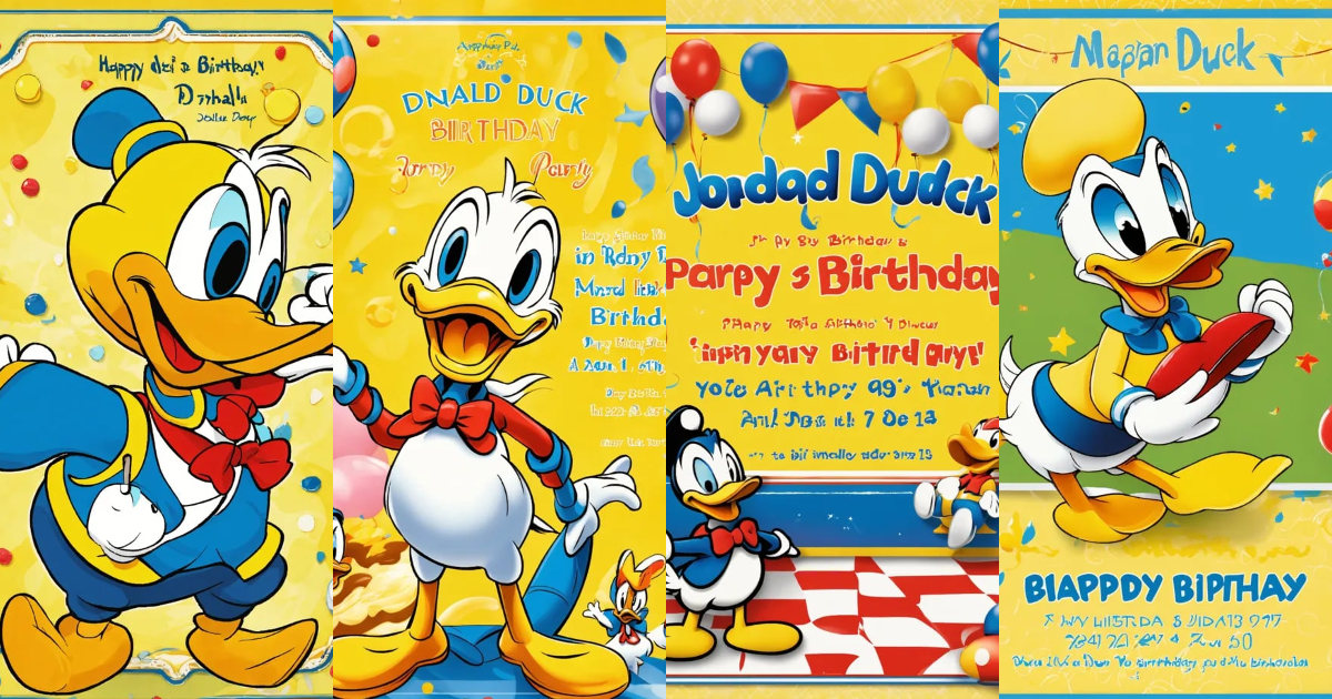 Lexica - A playful yellow theme Donald Duck birthday party invitation card.
