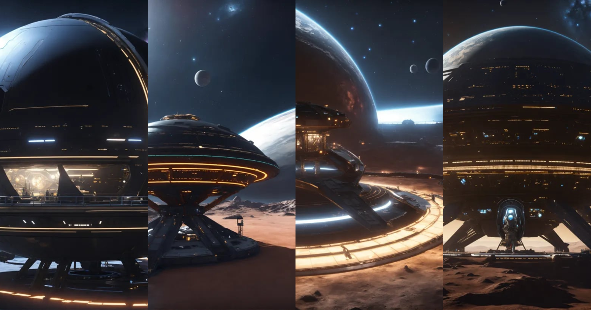 Lexica - Dark alien space craft docked in space on a star dock on an ...