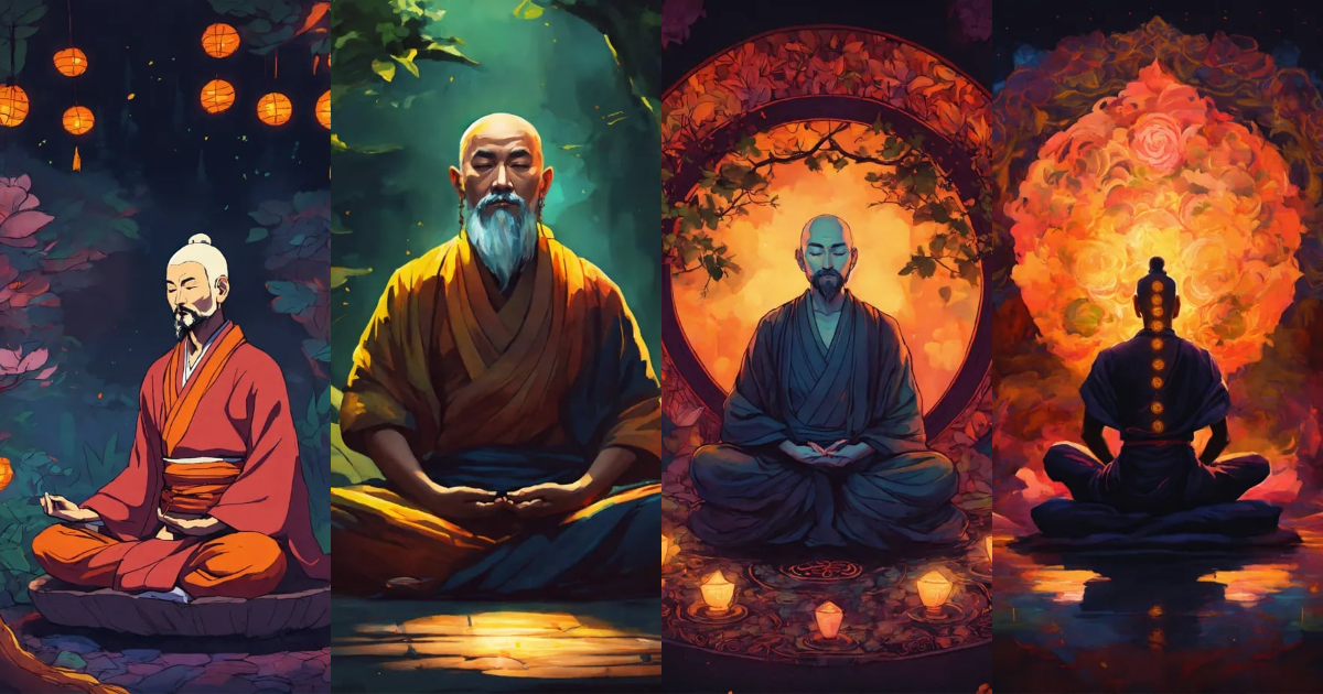 Lexica - A hand drawn painting of a zen master meditating in the dark ...