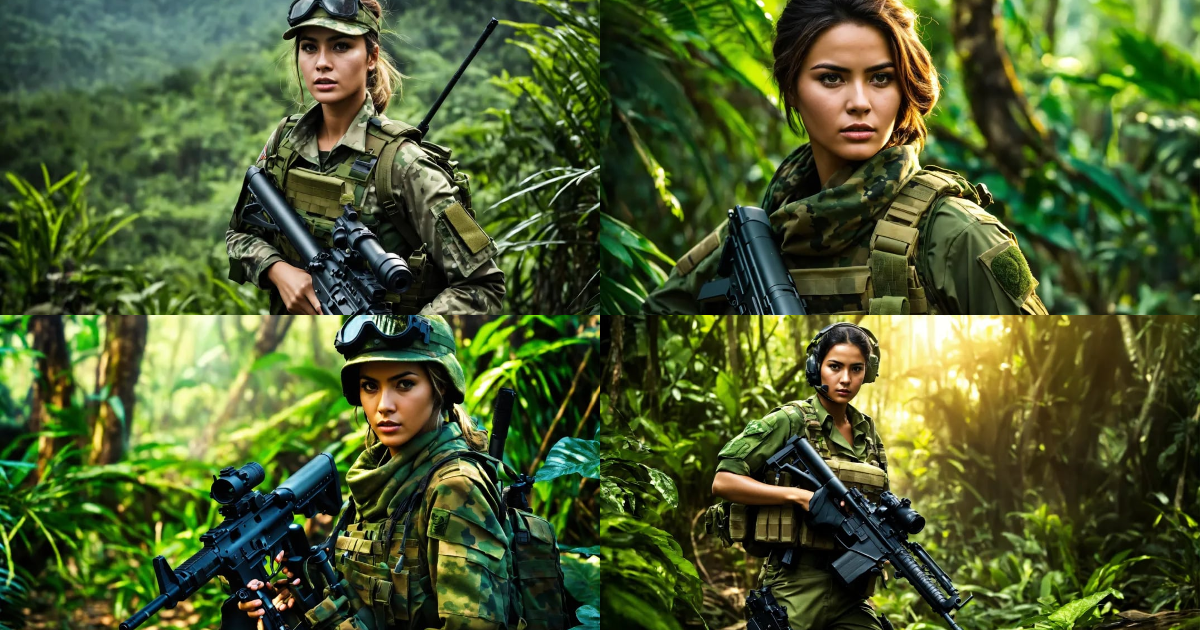 Lexica - Female commandos in jungle, perfect face, full camouflage, HDR ...