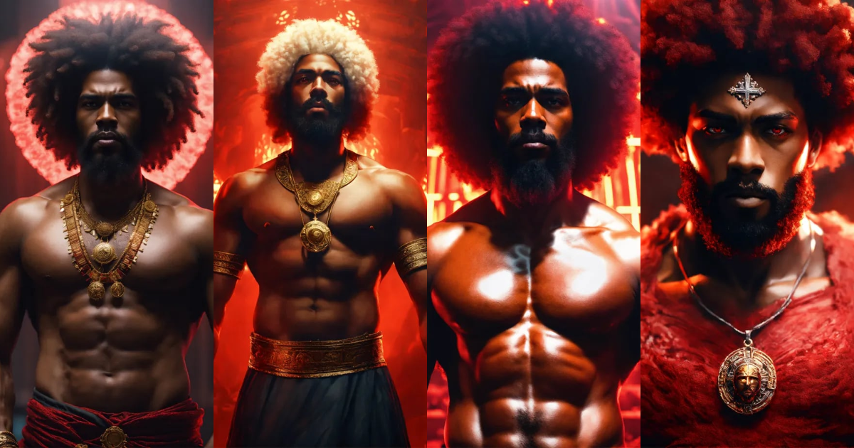 Lexica - Black christ red eyes white afro hair and beard gladator 70 ...