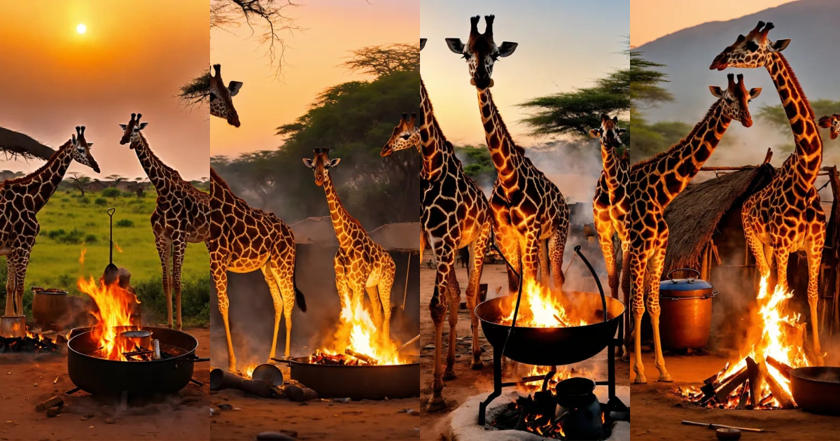 Lexica - Giraffes cooking stew in an African village over an open pot fire