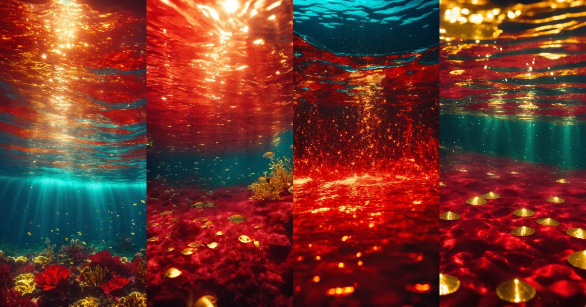 Lexica - Underwater red background, water lights, add gold sparkling ...