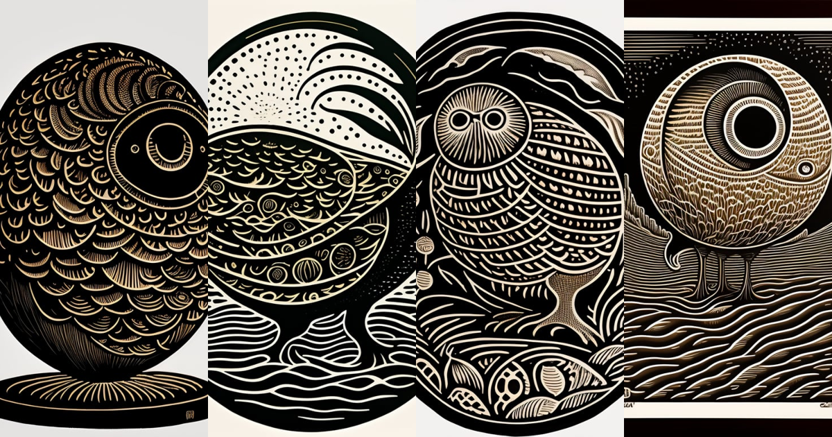 Lexica - An award winning linocut of A round monster with thin legs ...