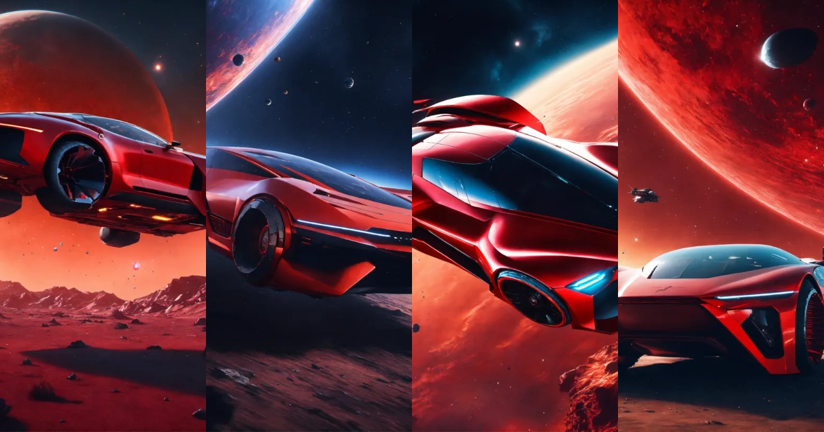 Lexica - Luxurious sleek red flying beat up futuristic clunker car ...