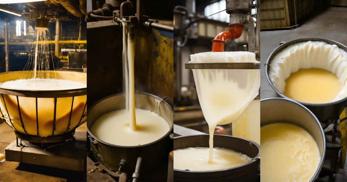 Lexica - Curdled milk in a straining cloth in an industrial setting