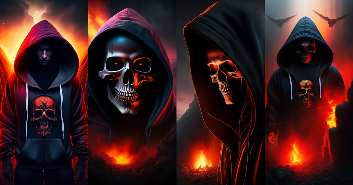 Lexica - Face of death with a reaped and scary hoodie in hell, above a ...