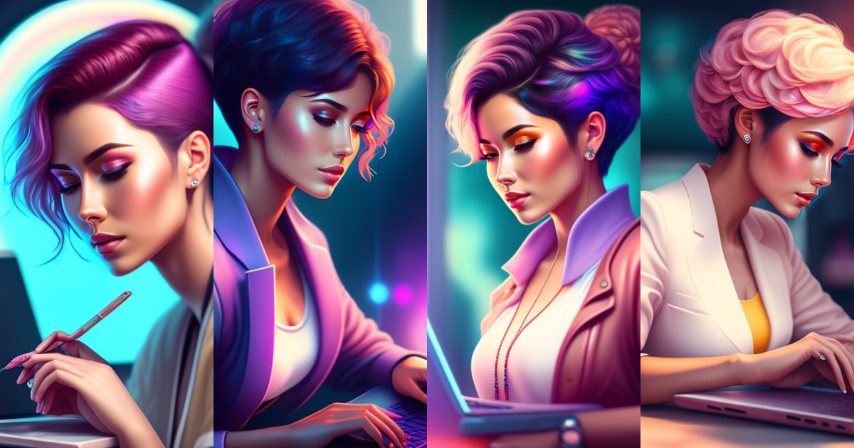 Lexica - Woman short hair programming on her laptop, coding aesthetic, fantasy, pastel colors ...