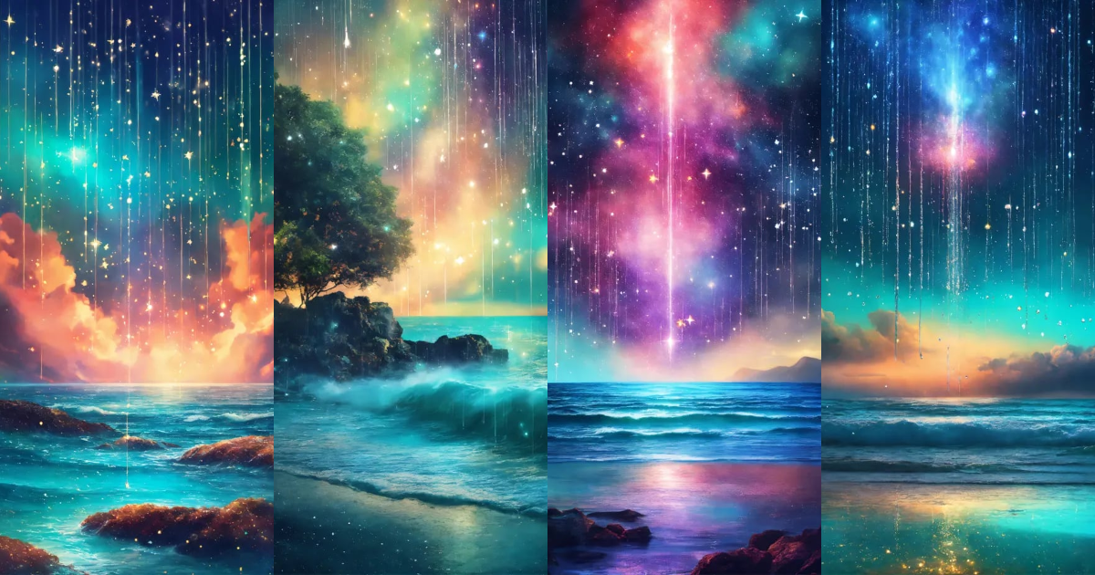 Lexica - Abstract magical rain, universe , stars, turqoise color near ocean