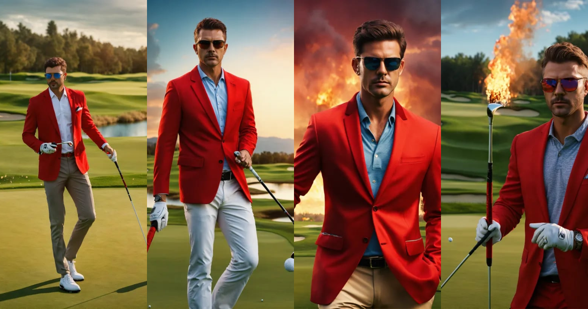 Lexica - 4k hd ultra realistic man red blazer, sunglasses. Holding golf ...