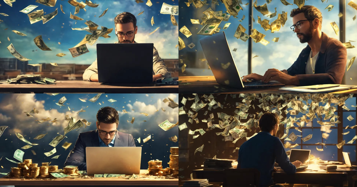 Lexica - A writer sitting at the desk writing on a laptop, money ...