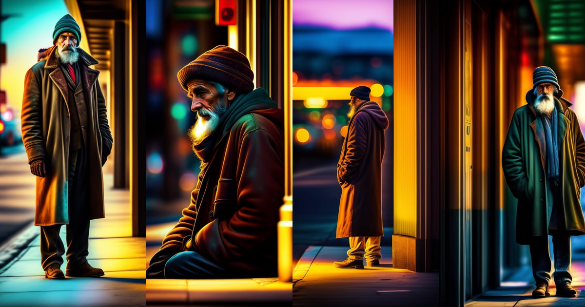 Lexica - Picture of a homeless man, deco style faded colors, bright ...