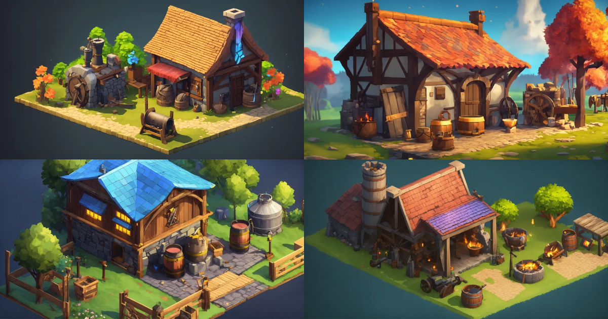 Lexica - Game art, blacksmith forge, isometric, full view, outside view ...