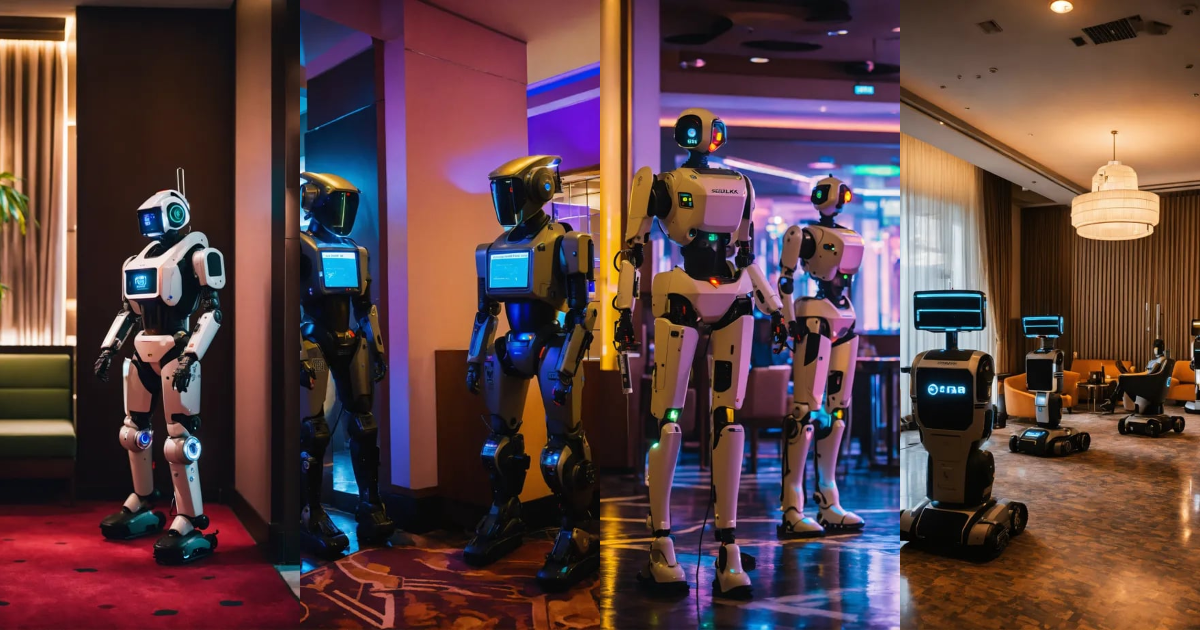 Lexica - Cyberpunk security robots in a hotel