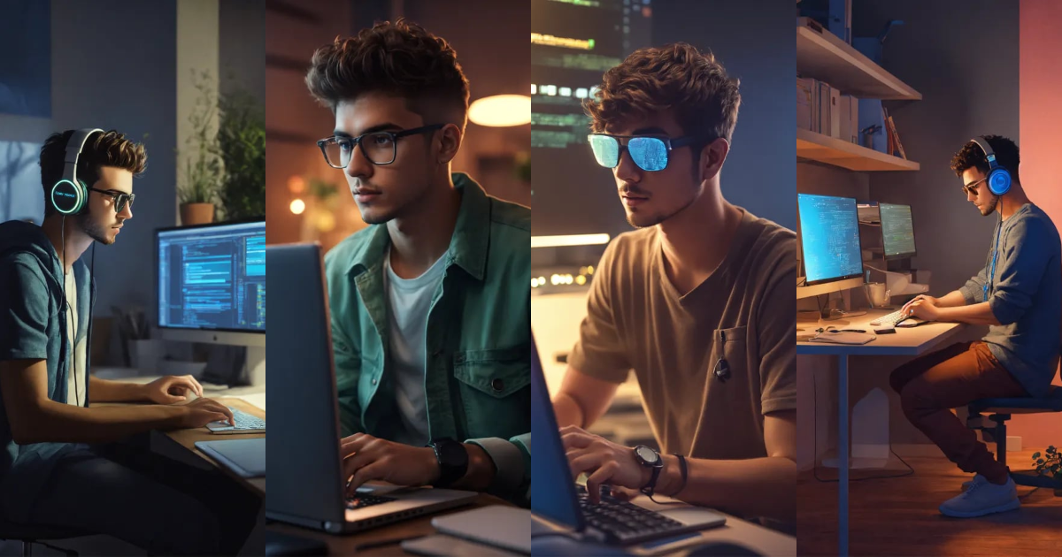 Lexica - Men in his 20s coding on his computer,3d, realistic.