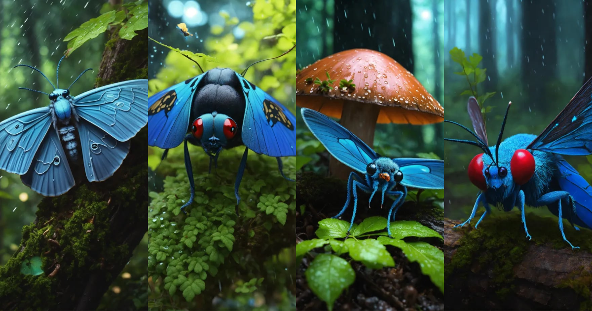 Lexica - A realiste blue moth alien , big eyes blacks , mushrooms in ...