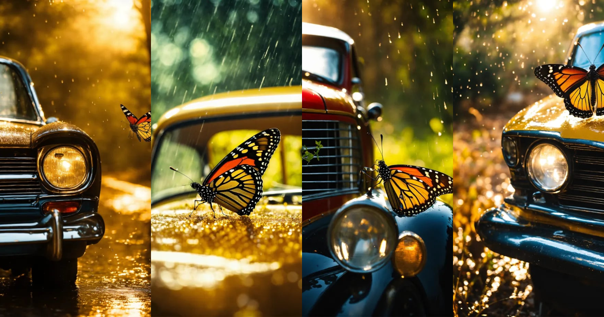 Lexica - Butterfly on vintage car, backlight golden and heavy rain ...