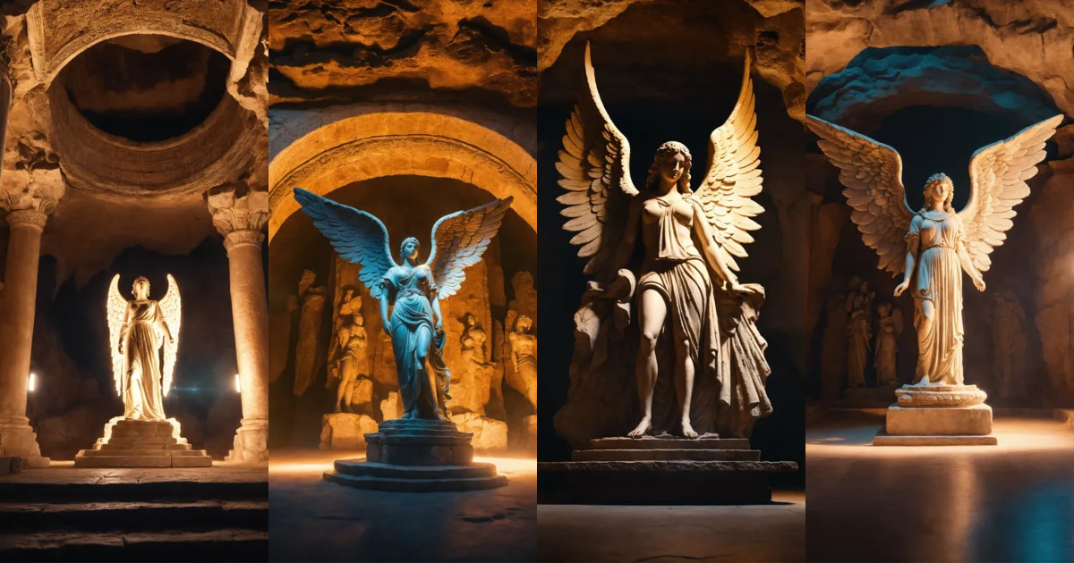 Lexica - Colossal angel statue on the bottom of a deep ornamented ...