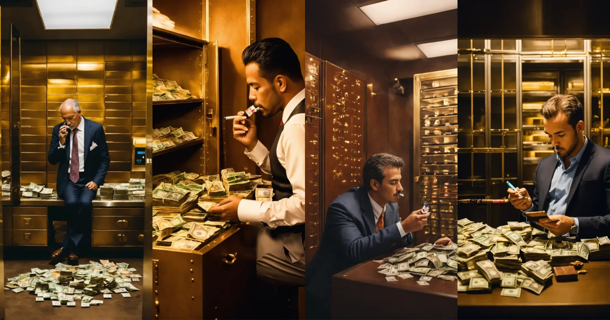 Lexica - Man counting money and smoking cigar inside a bank vault