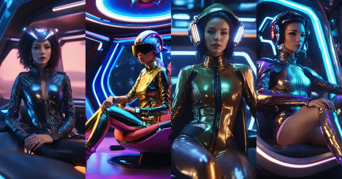 Lexica - Zoom out from a female alien rockstar wearing cool space fashion is lounging in a ...