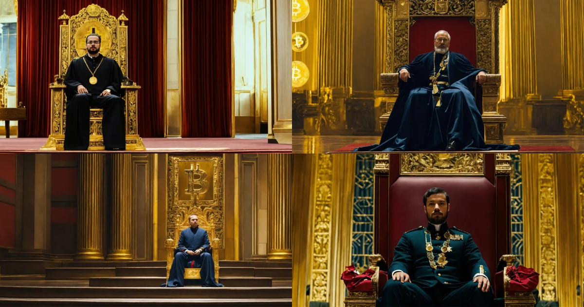 Lexica - A bitcoin sitting in the throne with man guarding beside it
