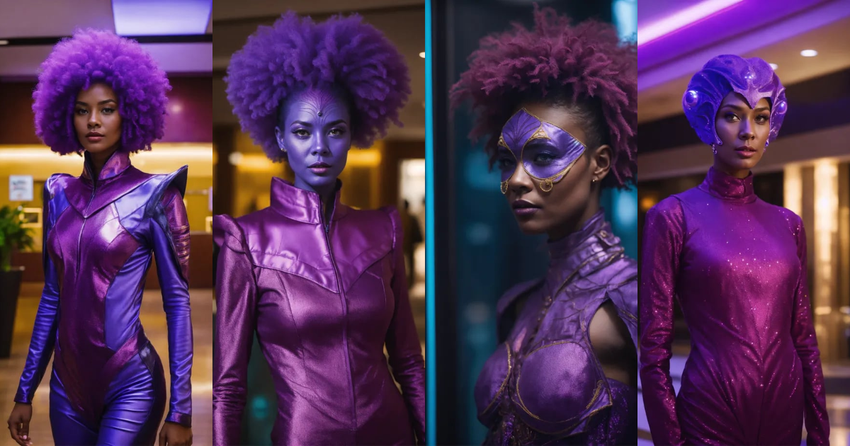Lexica - Purple skin human looking alien female, natural hair, in fancy ...