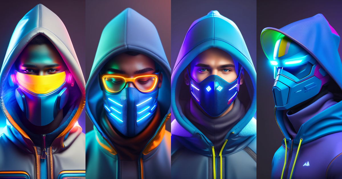 Lexica - Character, male, hooded, encourager, leader, neon, blue, mask ...