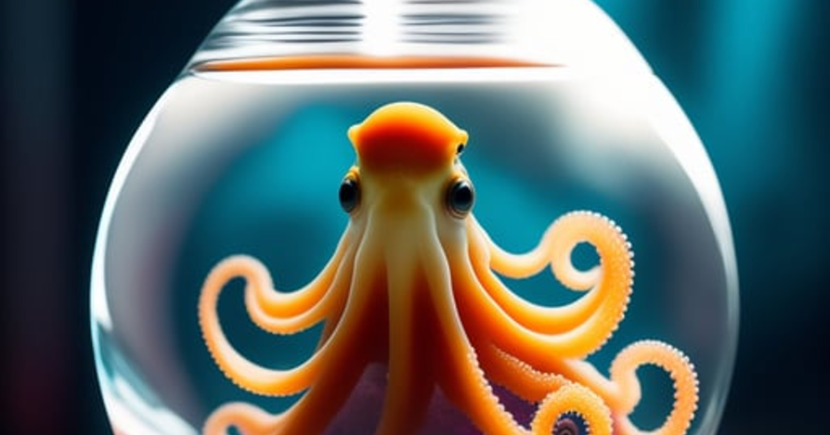 Lexica - A cute little octopus in a small circular fish tank.