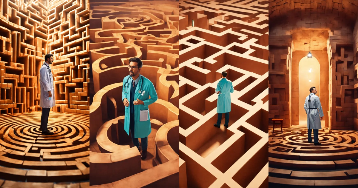 Lexica - Realistic scene of a confused doctor in a labyrinth.