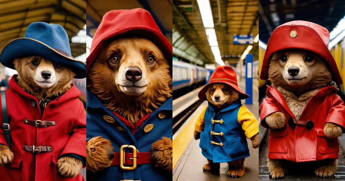 Lexica - Paddington doing angry stare. On train platform. Close up.