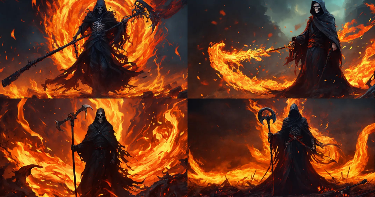 Lexica - Menacing grim reaper with flaming scythe, tattered flowing ...