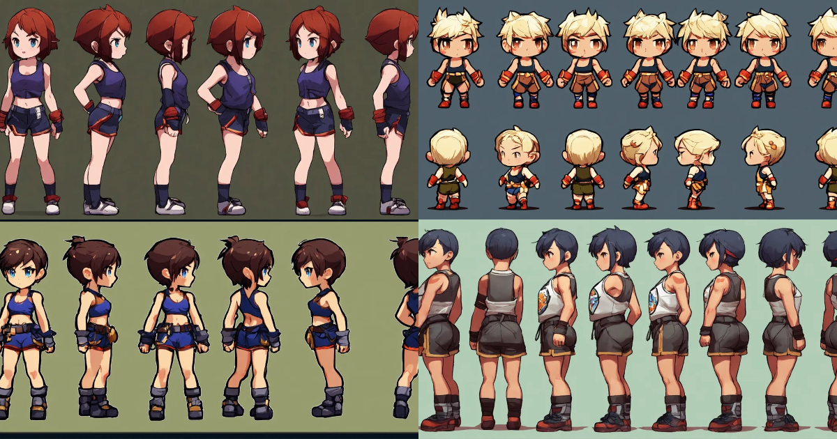 Lexica - Game assets, multiple poses, sprite sheet, girl, short hair ...