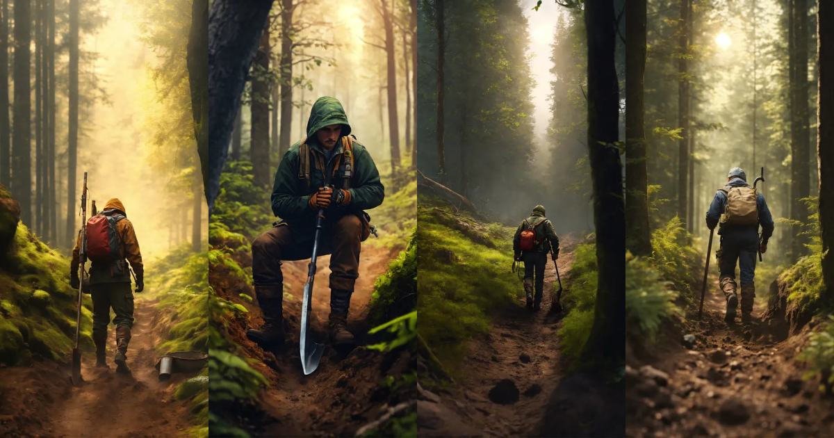 Lexica - A hunter digging a pit on a dirt path in the forest, a little ...