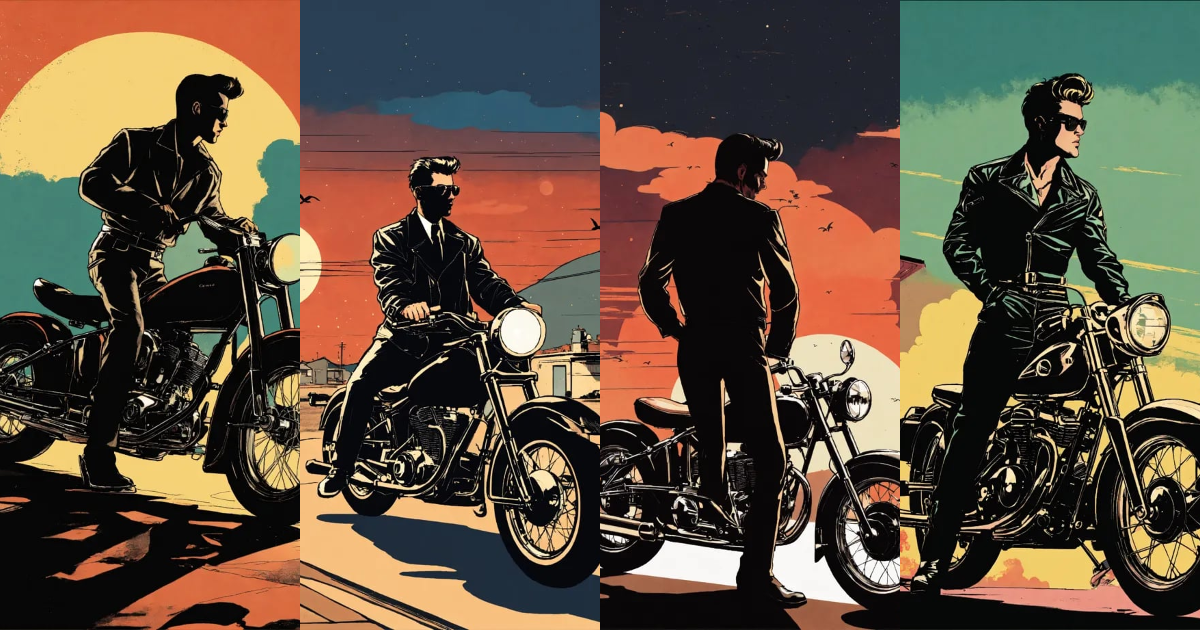 Lexica - A man 1950s rockabilly style silhouette with a motorcycle ...