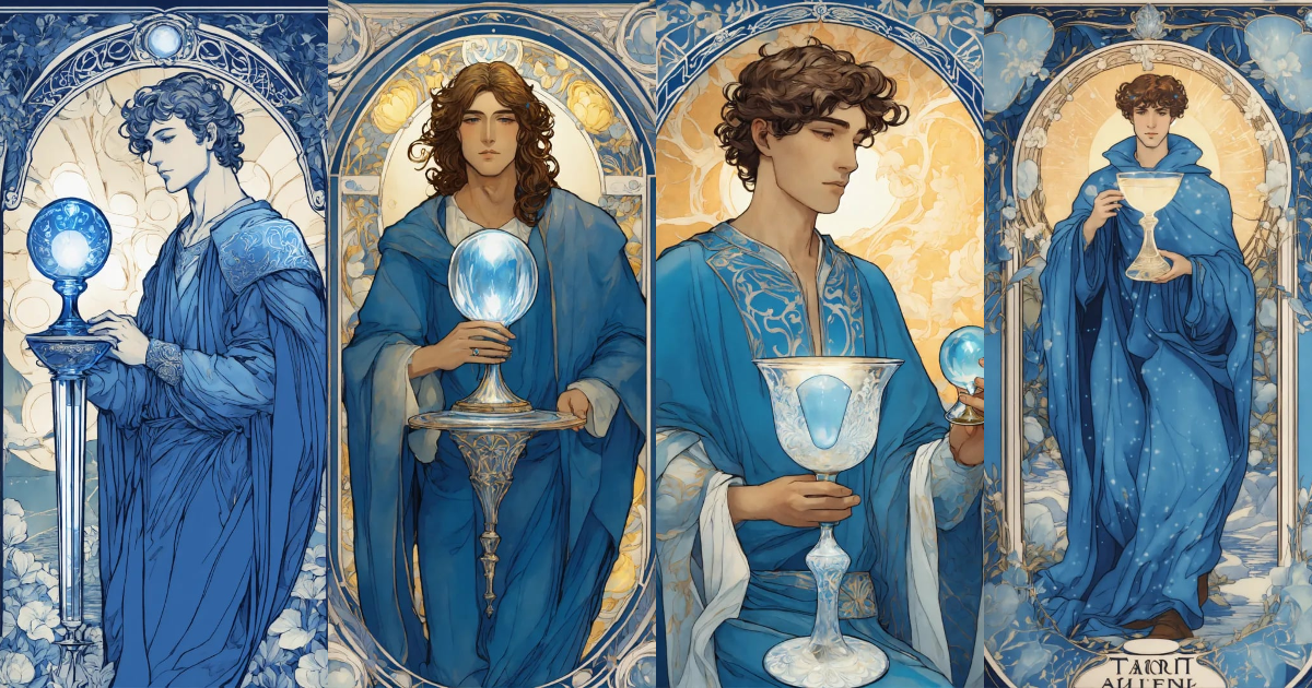 Lexica - Art Nouveau tarot blue and white glowing male page holding a ...