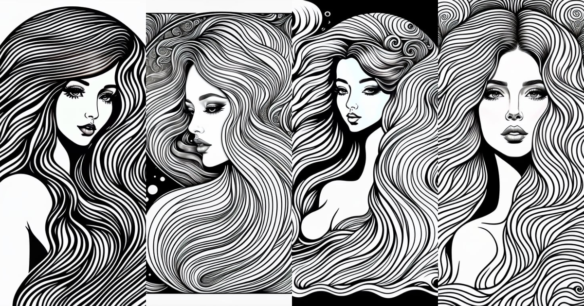 Lexica - A mermaid with long hair. black and white, wavey lines ...