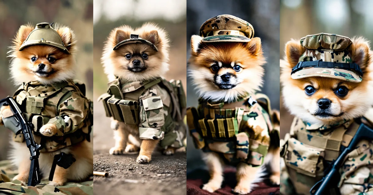 Lexica - Cachorro pomerania con traje de soldado y armado