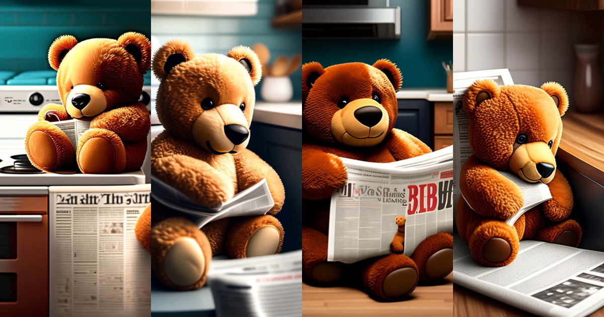 Lexica - Cute teddy bear reading newspaper in the kitchen