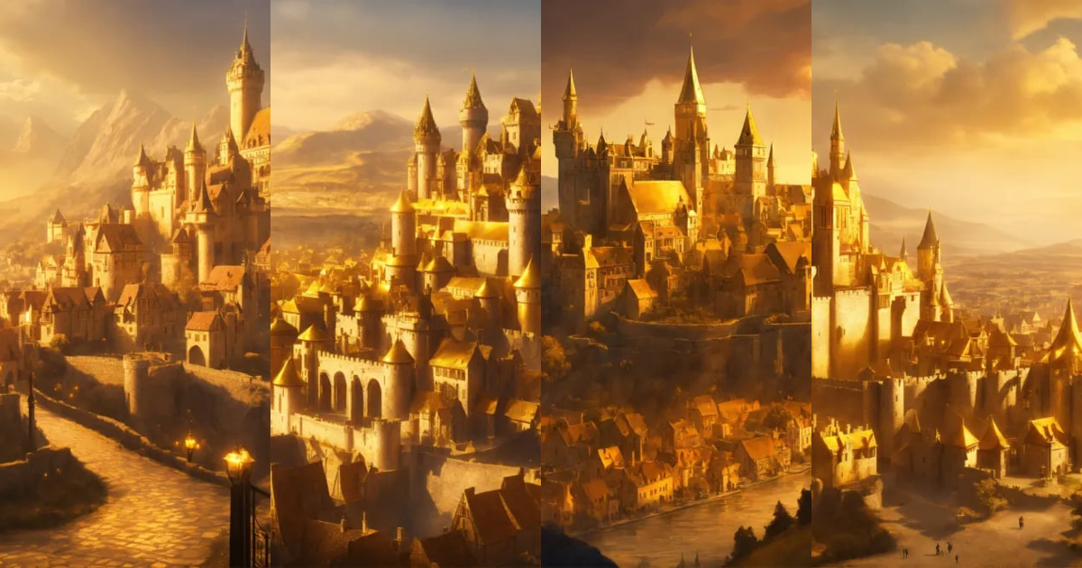 Lexica - Realistic, a medieval kingdom all shiny gold, with houses made ...