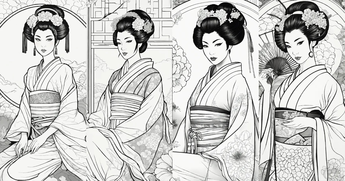 Lexica - Adult Coloring Book Page of a Geisha pin-up, Line Art, Black ...