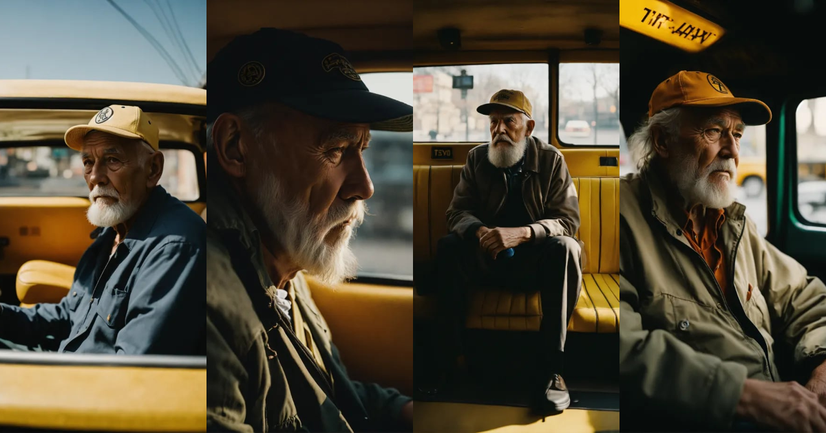 Lexica - A wise old man with black beard and baseball cap in a taxi cab ...