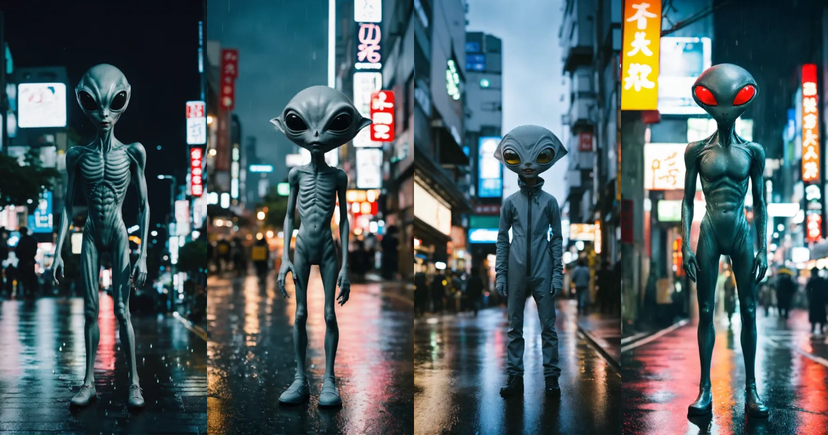 Lexica - Very cute, realistic grey alien standing in the street of ...
