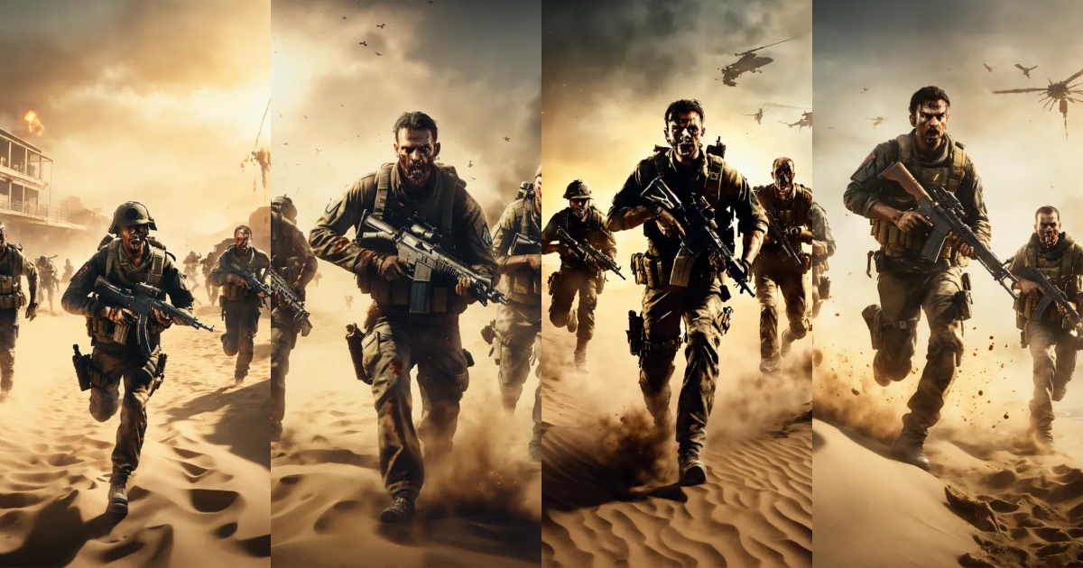 Lexica - Call of duty zombies running at camera on sand, cinematic 4k