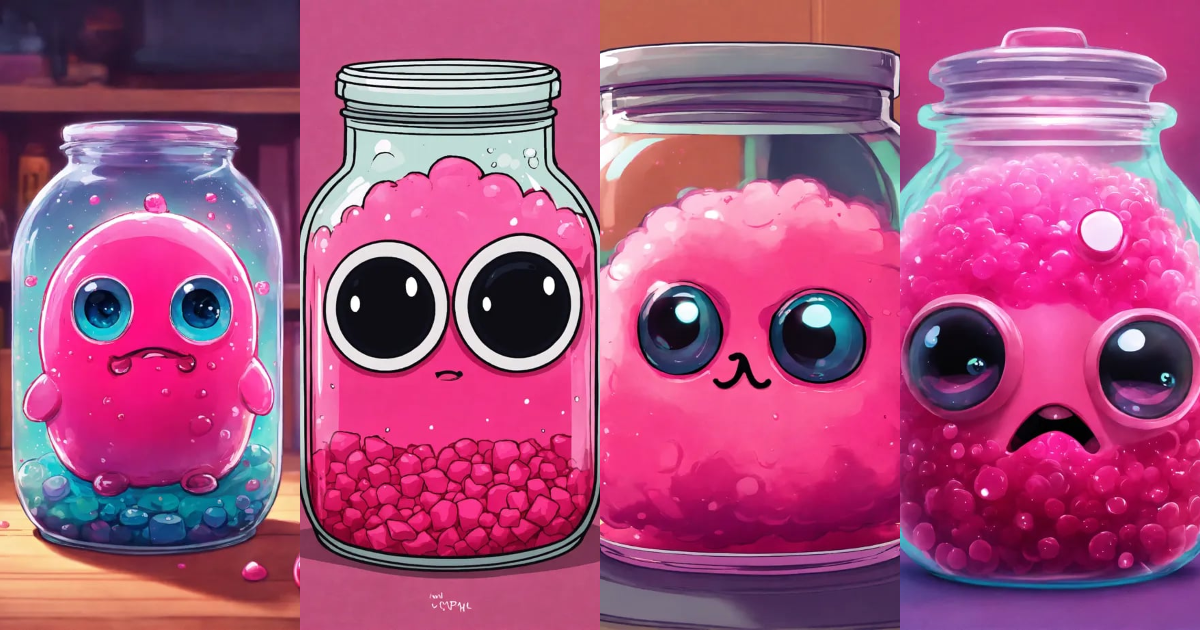 Lexica - A kawaii hot pink blob cyclops in a jar. It is one-eyed