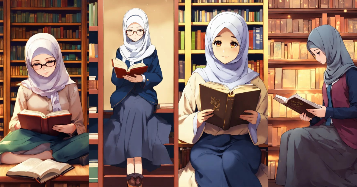 Lexica - Niji style muslimah school girl, reading book in library ...